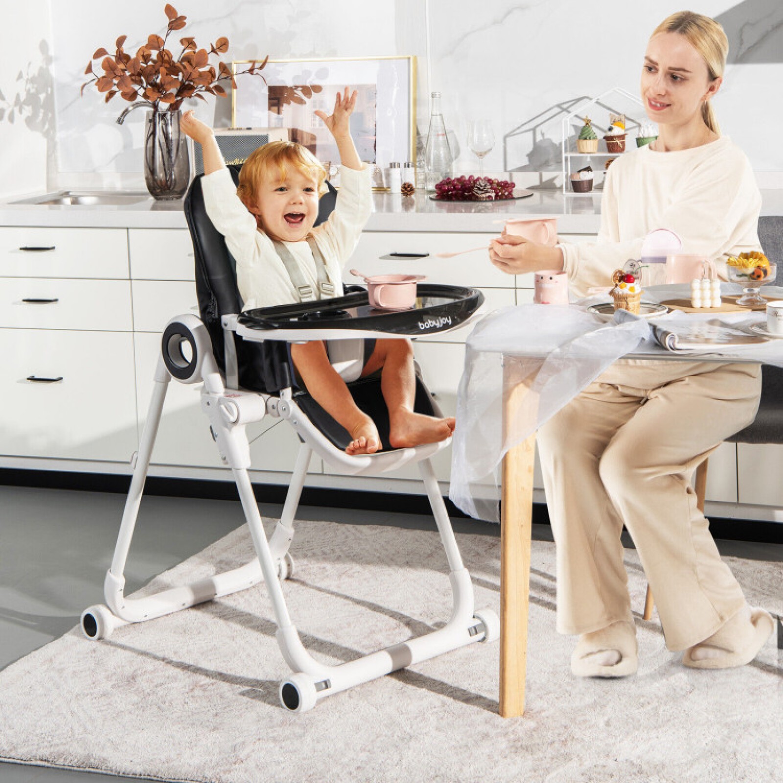 Baby High Chair Foldable Feeding Chair with 4 Lockable Wheels | SteAnny ...